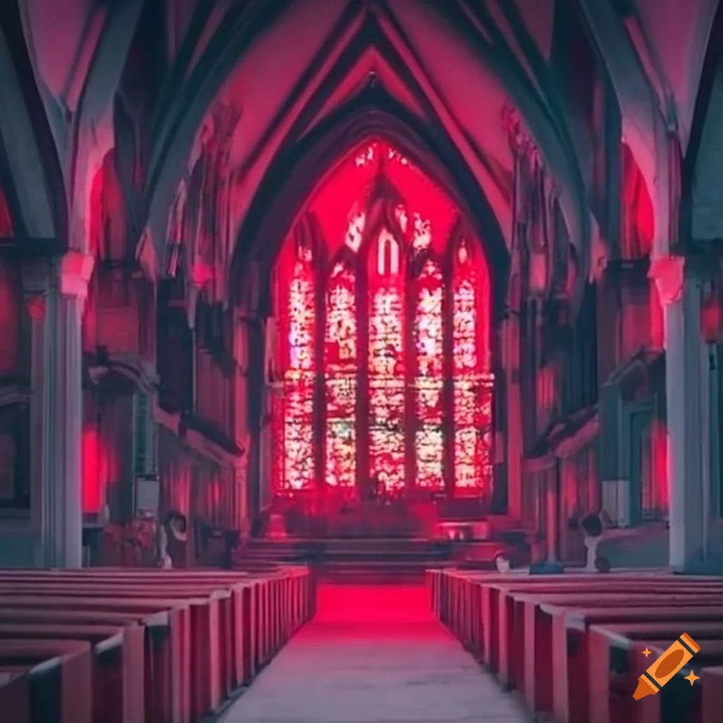 Interior of a church with red light shining through the windows on Craiyon