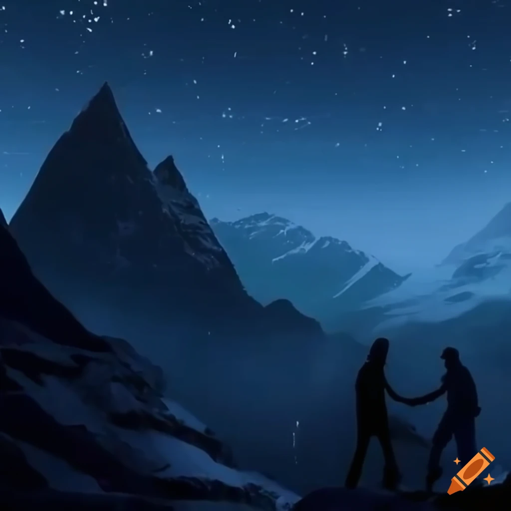 Man exploring snow-capped mountains with city lights in the distance at ...