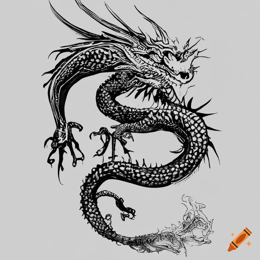 Chinese traditional ink drawing of a dragon in black and white on Craiyon