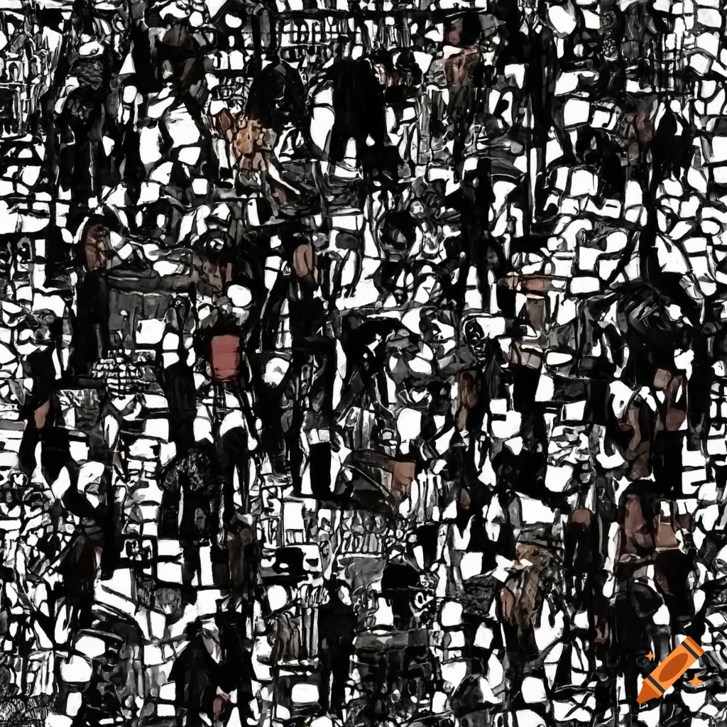 Abstract black and white mosaic painting of a crowd in a maze on Craiyon