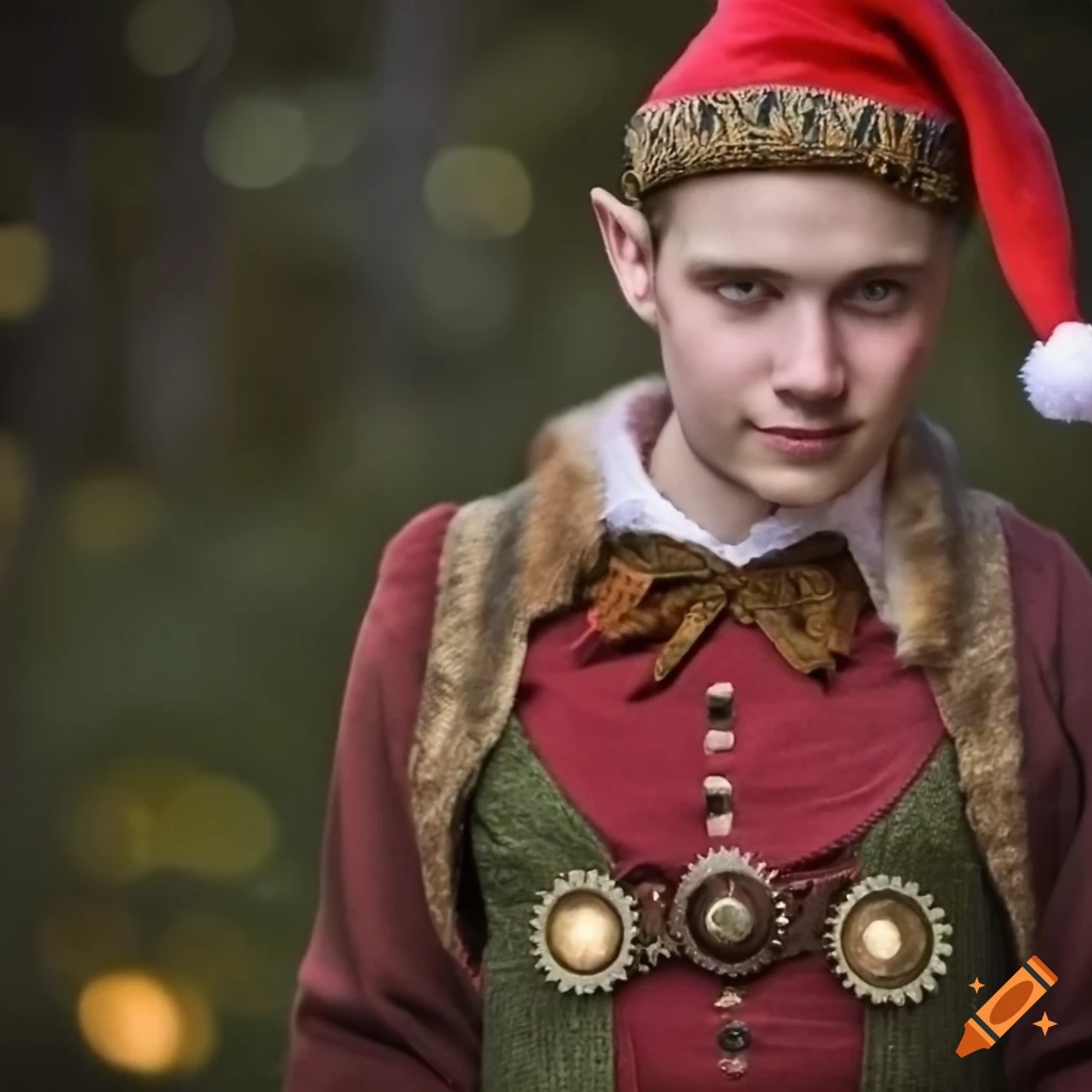 Cheery male christmas elf in steampunk attire on Craiyon