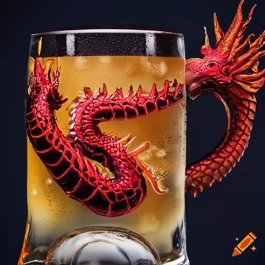 Asian red dragon floating in a beer mug by salvador dali, close-up on ...