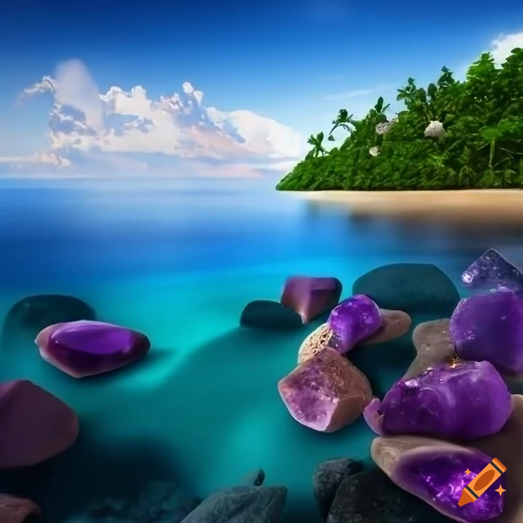 Panoramic view of tropical coastline with shiny crystals on pebble ...