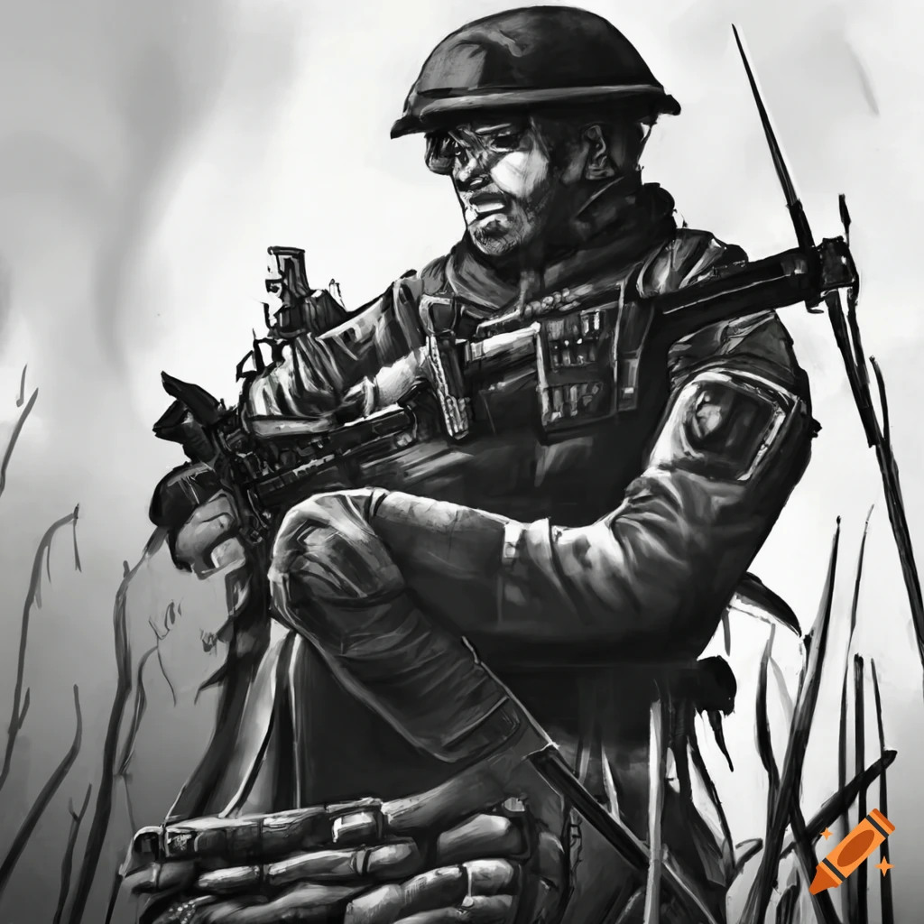 Brave soldier overlooking a battlefield from a war trench on Craiyon