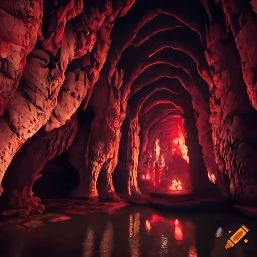 Castle full of dragons in a deep red lit cavern on Craiyon