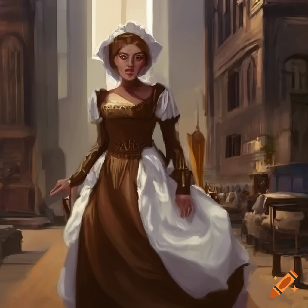 Noble lady in a brown and white dress walking in a city with a bonnet ...