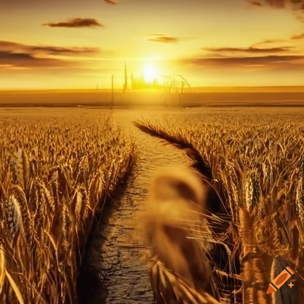 Path through grain fields with the rising sun on Craiyon