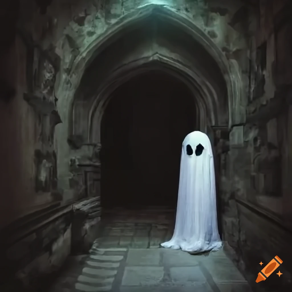 Smiling ghost in a dark castle hallway on Craiyon