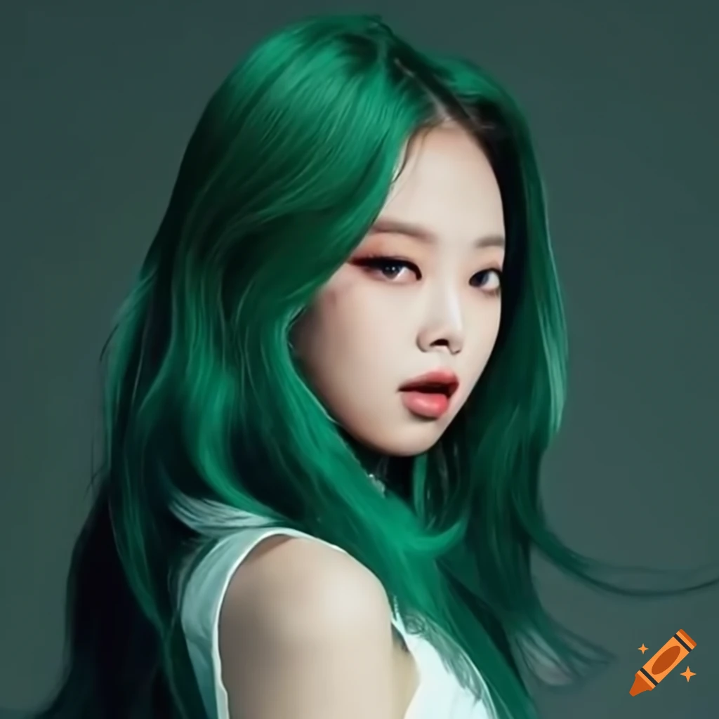 Jennie with dark green hair on Craiyon