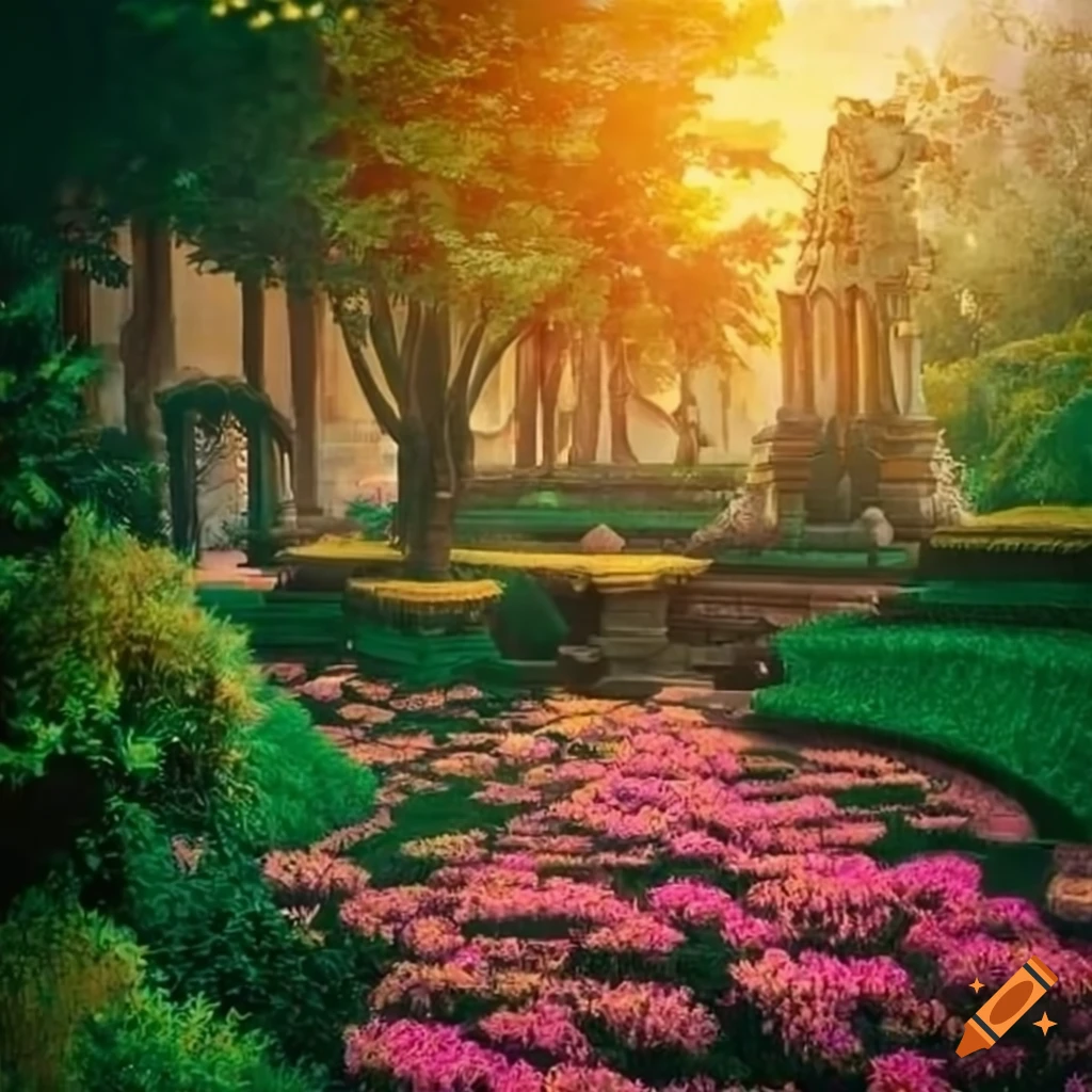 Peaceful temple courtyard surrounded by tall trees and flowers on Craiyon