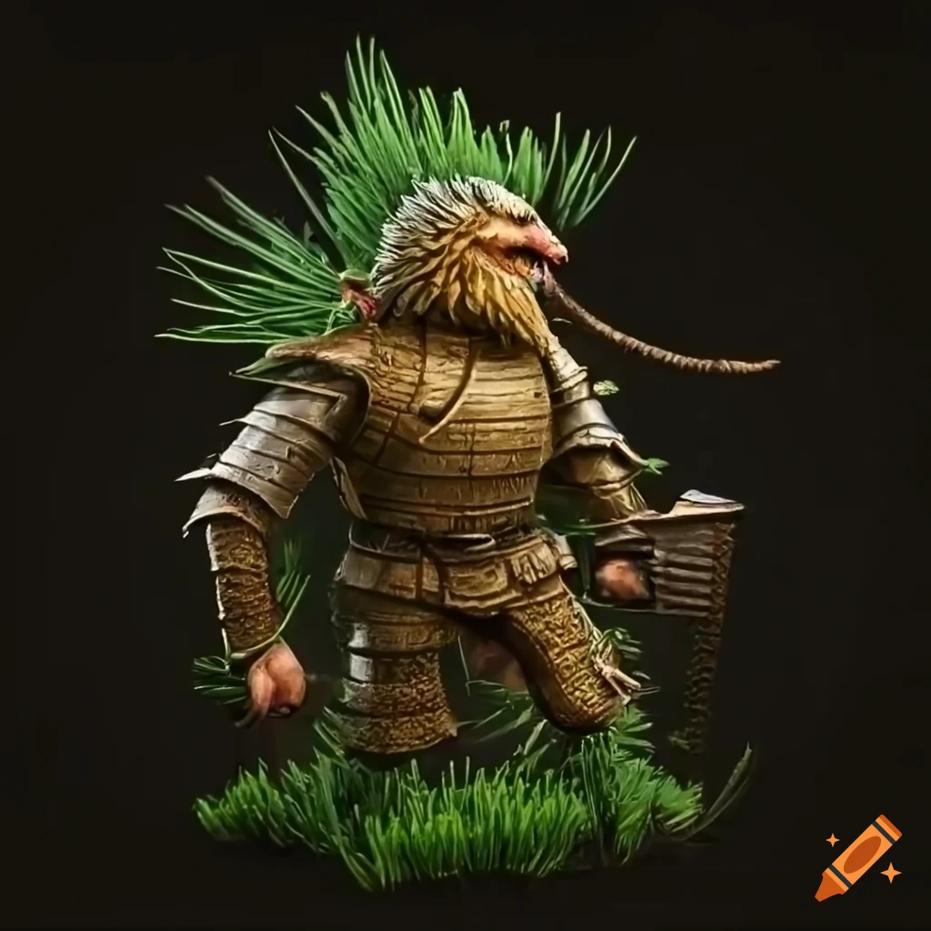 Realistic small plant creature in wooden armor with pine needle beard ...