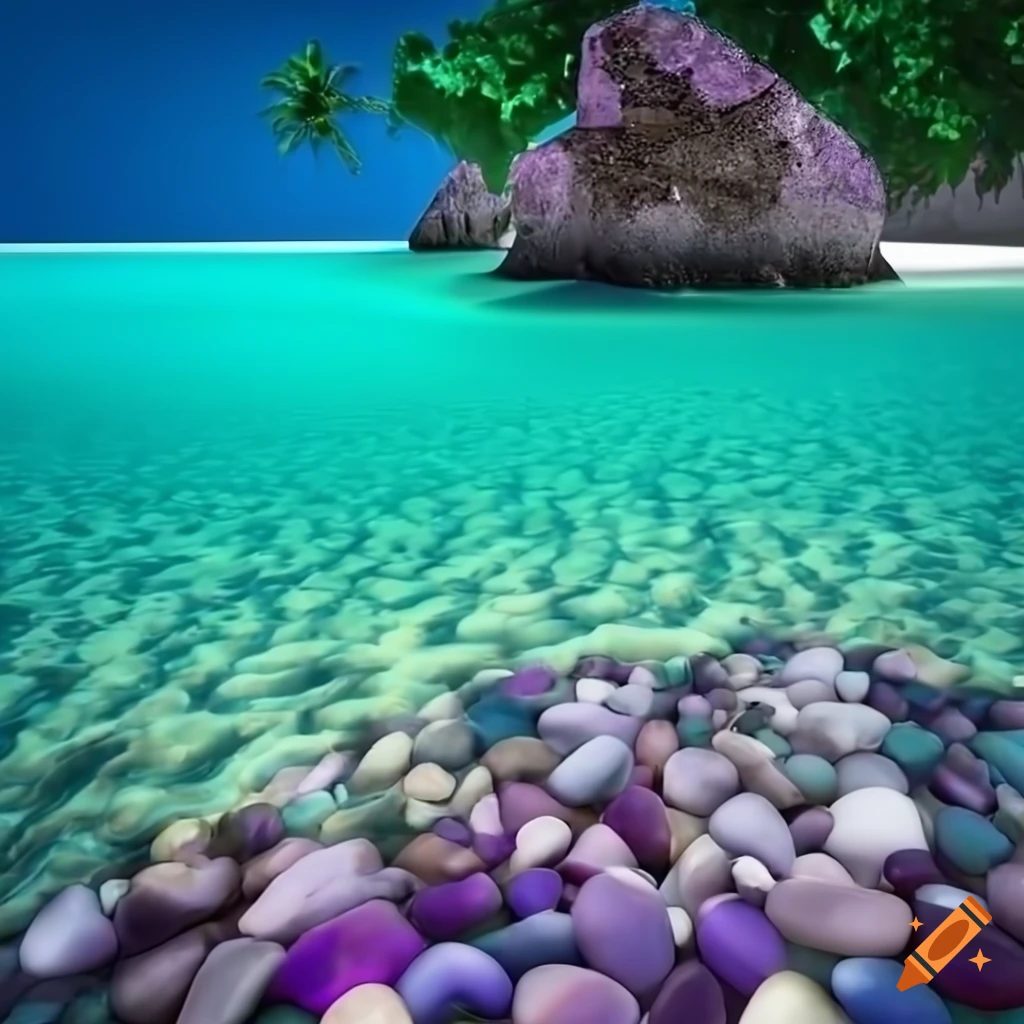 Surreal 3D rendering of a tropical coastline with shiny crystals on the ...