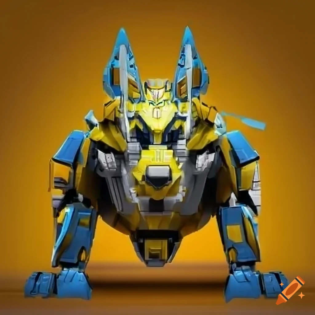 Front view of yellow amarok wolf zord robot on yellow background on Craiyon