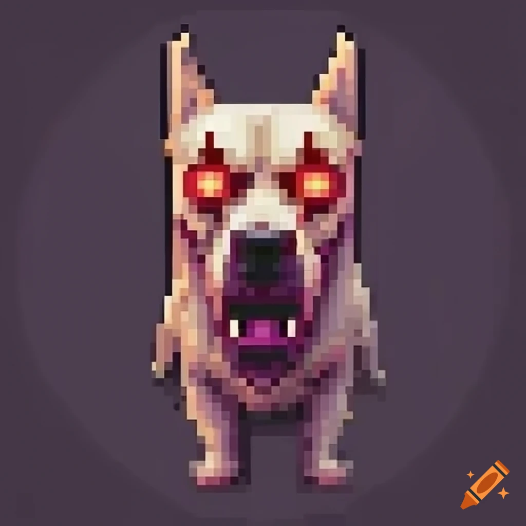 Pixel art of a menacing dog on Craiyon