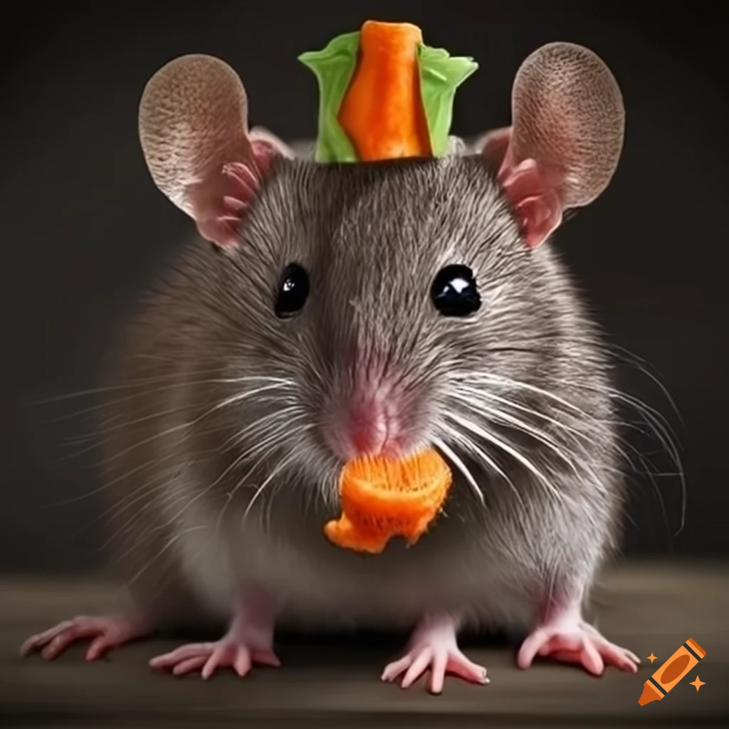 Realistic rat eating a carrot with a hat on its head on Craiyon