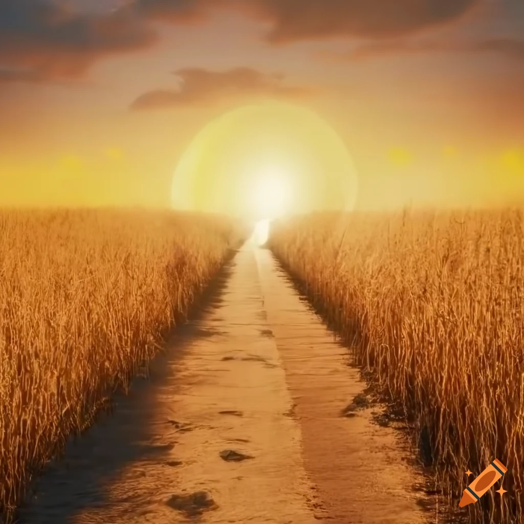Path through grain fields towards a tree under the rising sun on Craiyon