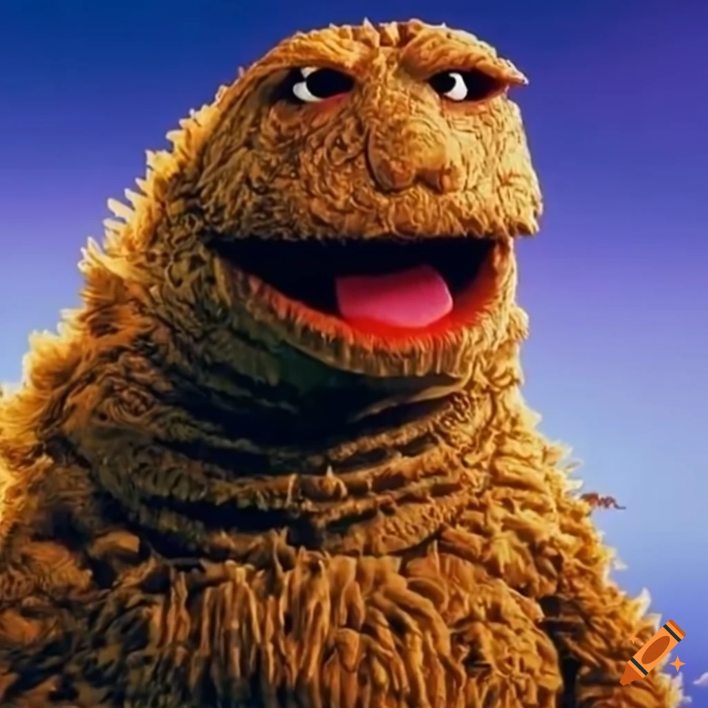 Cartoon depiction of a muppet version of godzilla by jim henson on Craiyon