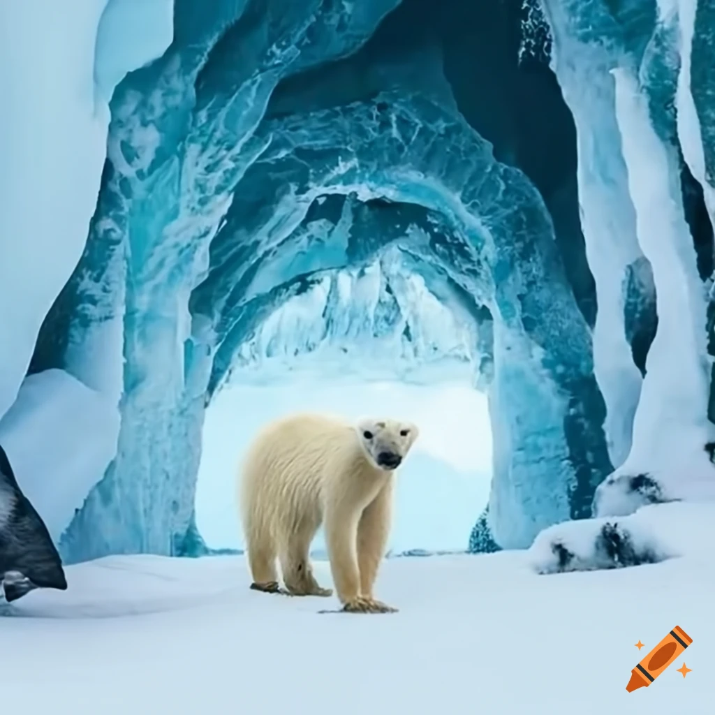 Polar bear photographing five penguins in icy habitat on Craiyon