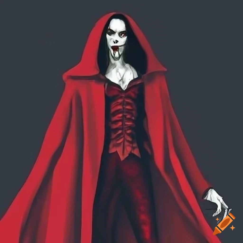 Vampire with long dark red coat standing in a castle courtyard on Craiyon