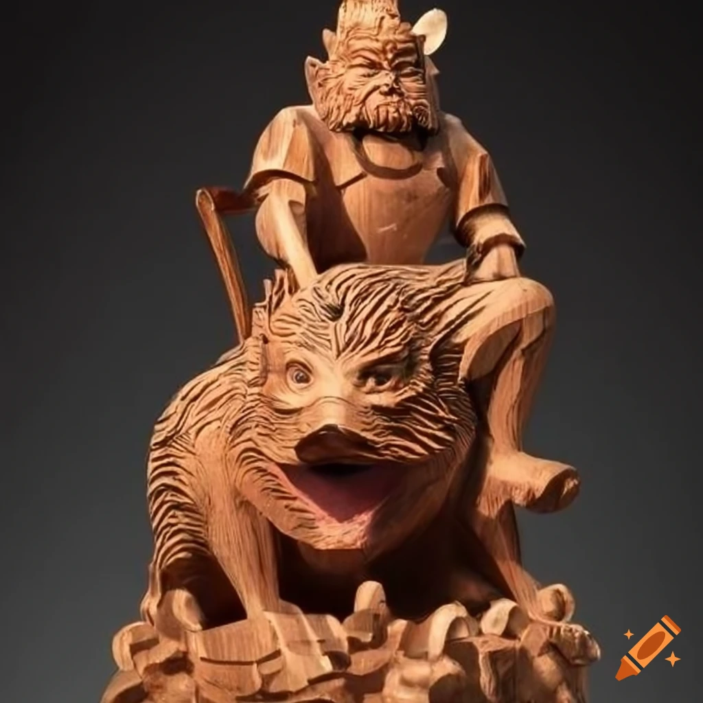 Wooden sculpture of a japanese god riding a boar on Craiyon