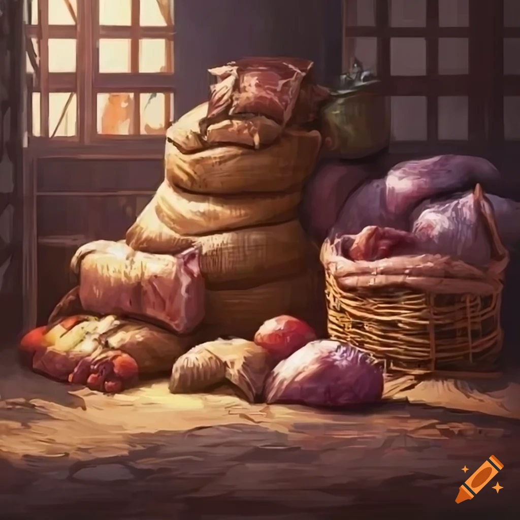 Stack of supplies, baskets and sacks of meat and fruit in a storage ...