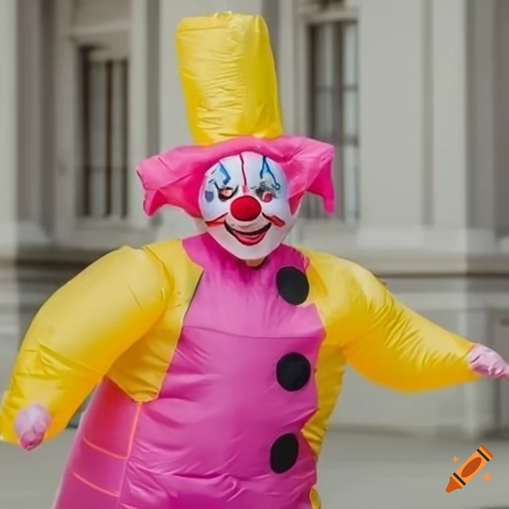 Child in half pink and half yellow inflatable clown costume on Craiyon