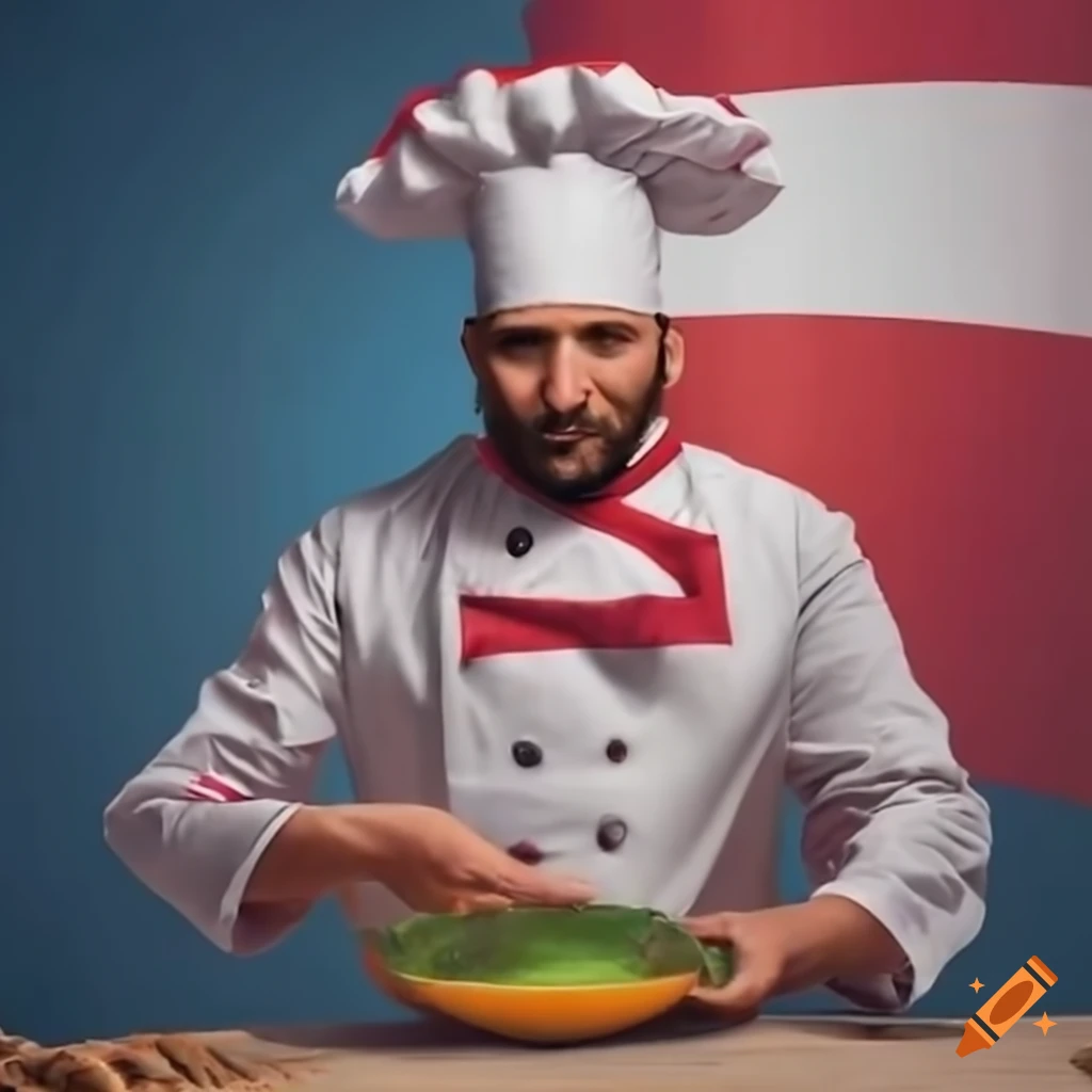 Maltese chef cooking with the maltese flag in the background on Craiyon