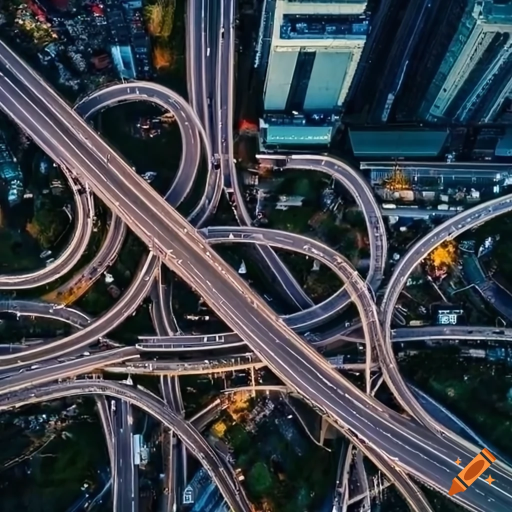 Aerial view of a bustling metropolis with complex highway systems on ...