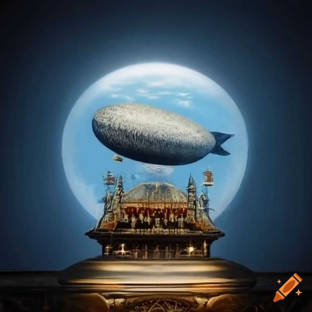 Intricate hindenburg zeppelin in a snow globe with treetops and ...