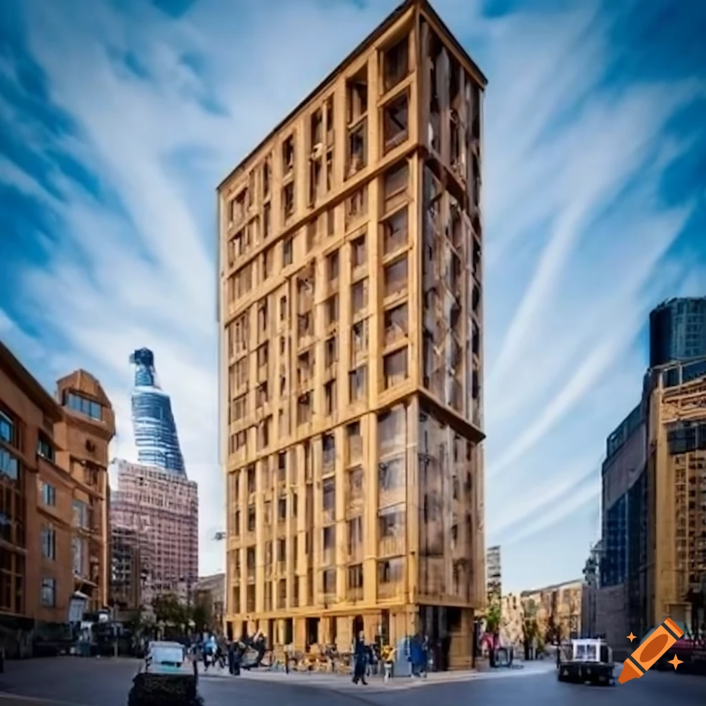 Timber-frame high-rise tower with 30 stories over a dense street on Craiyon