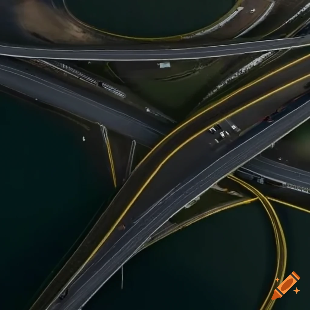 Bird's-eye view of a complex highway system with multiple detours on ...