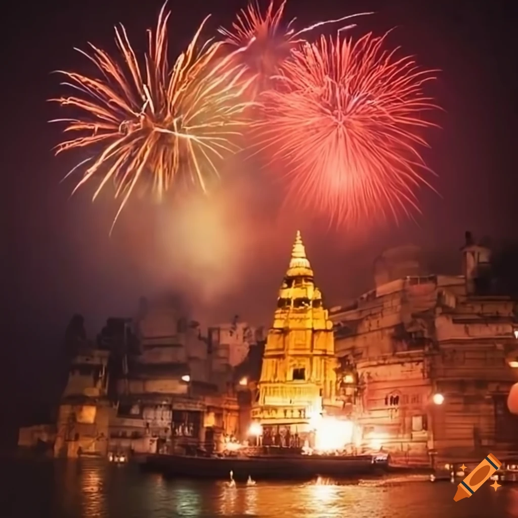 New Year's fireworks over an ancient temple at the ghats of Varanasi on ...