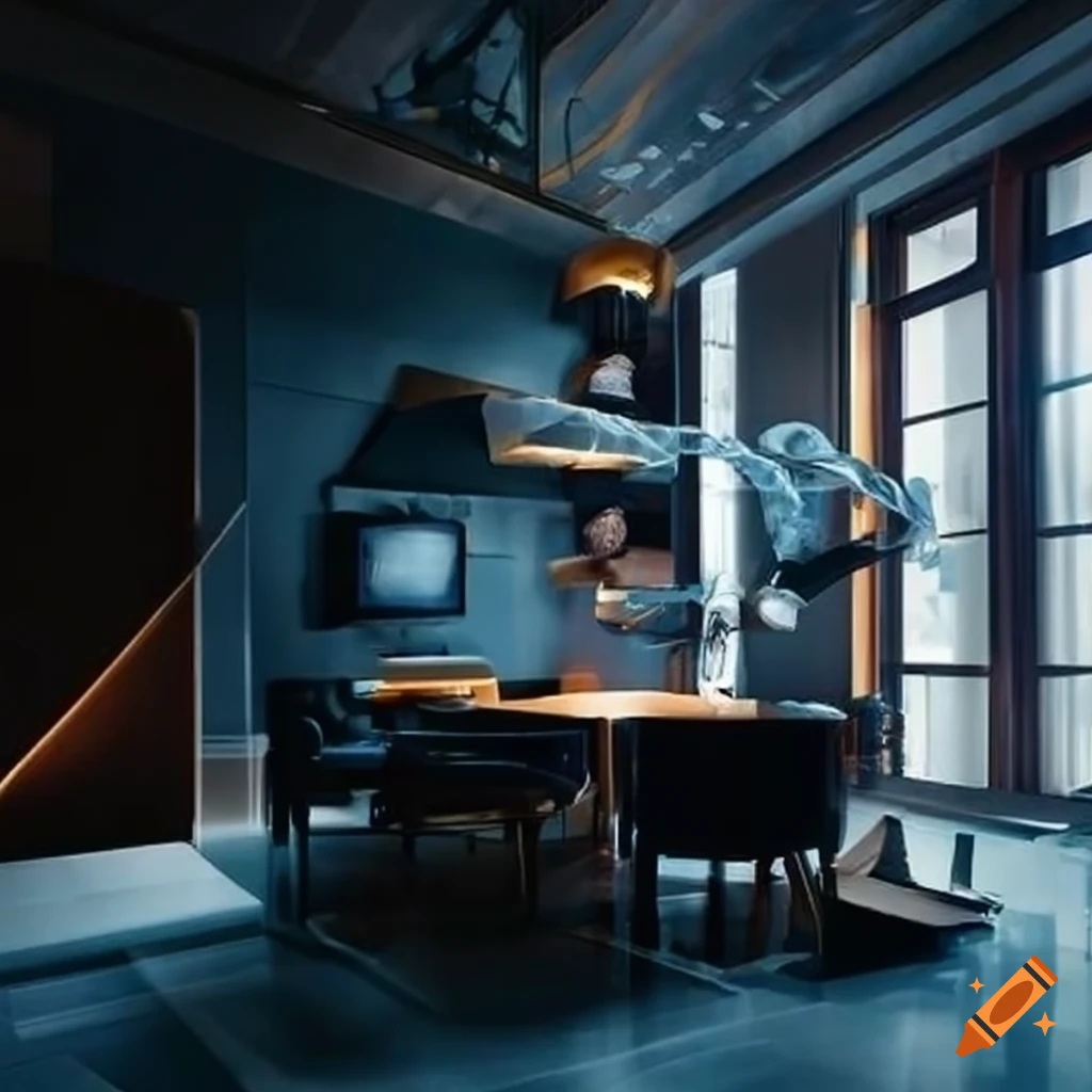 Futuristic luxurious loft with computers in a messy setting on Craiyon