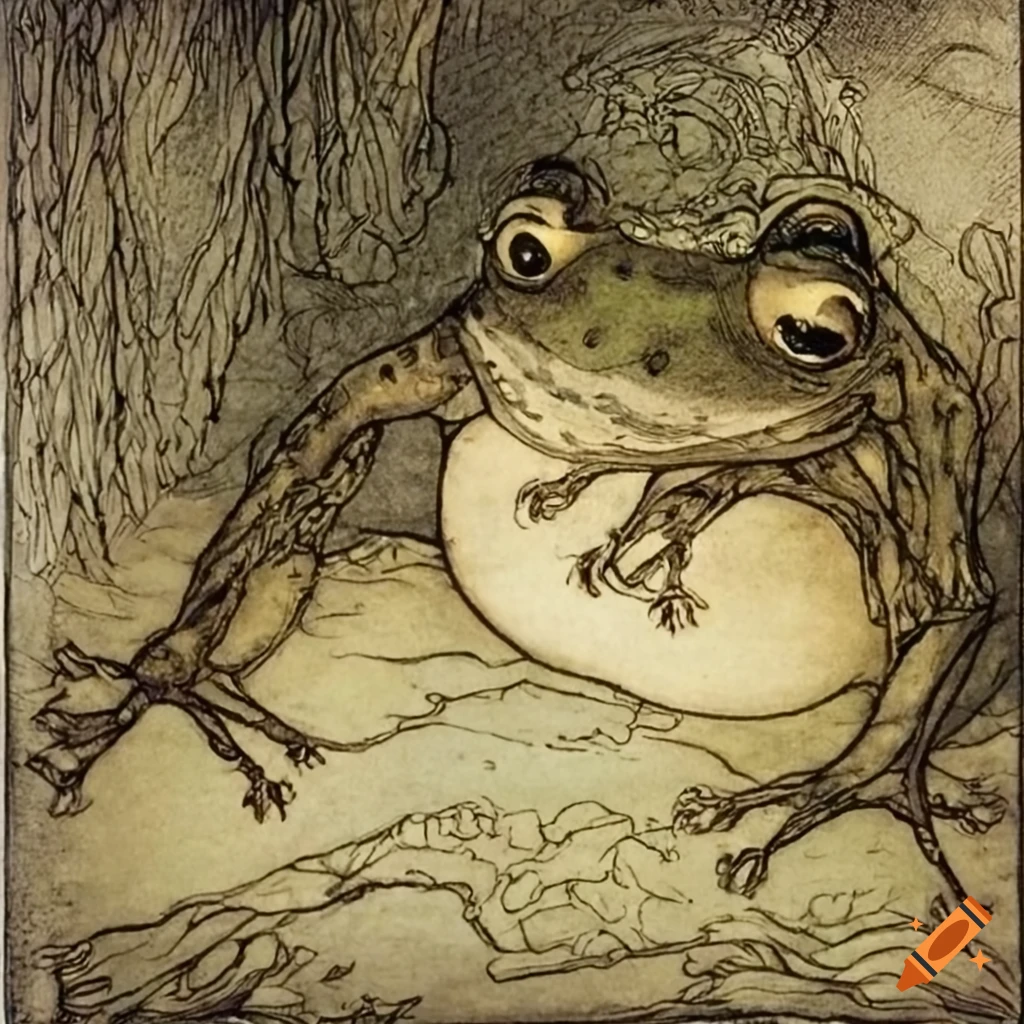 Colorful illustration of a winged frog in arthur rackham and moebius ...