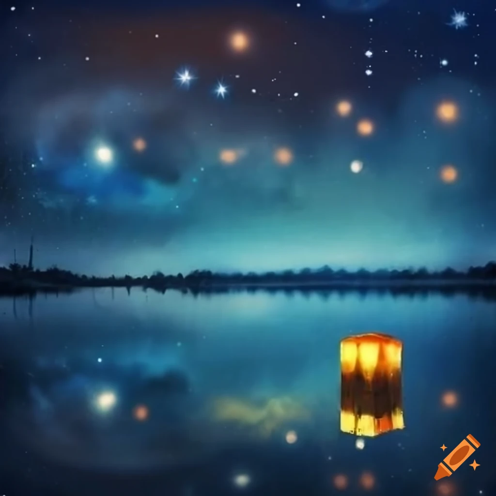 Medieval abstract painting of lanterns reflecting on water at night ...