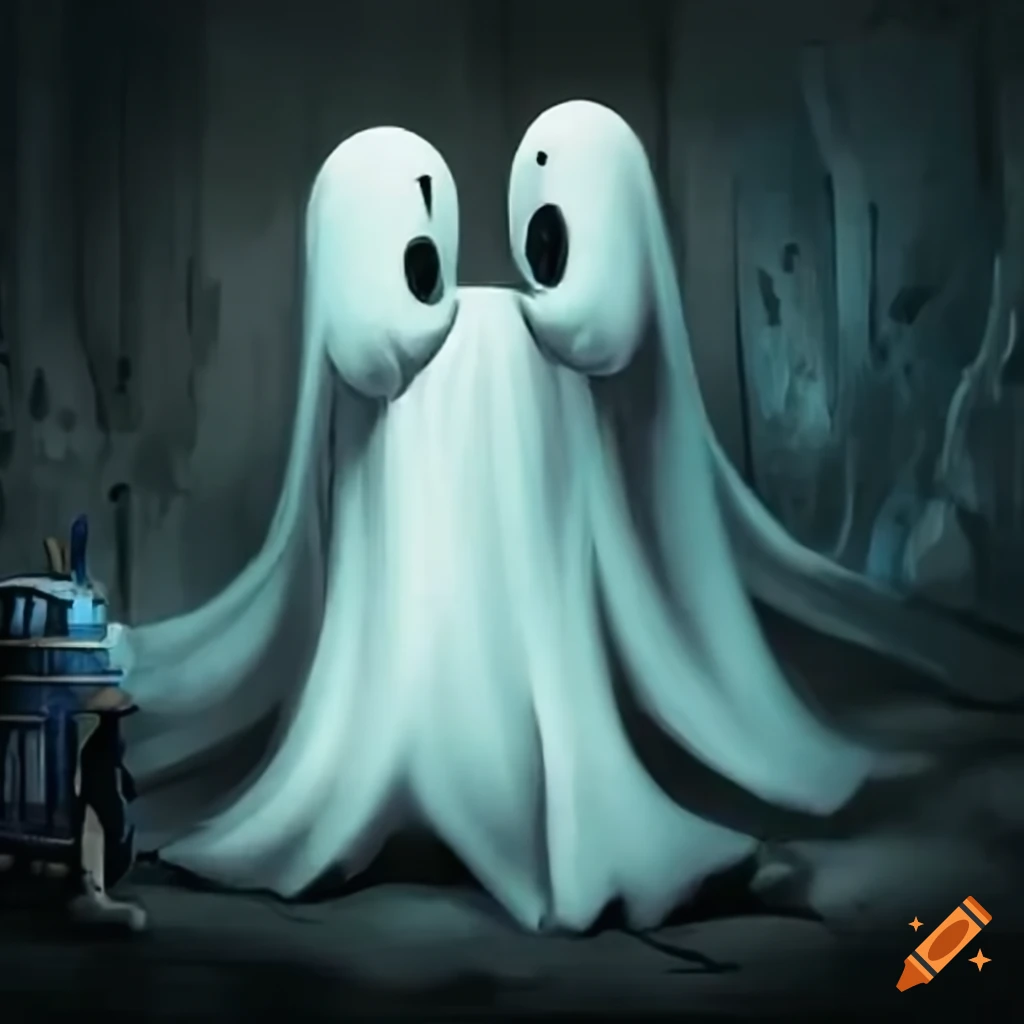 Smiling ghost and Mickey Mouse ghost with R2D2 ghost in a dungeon hall ...