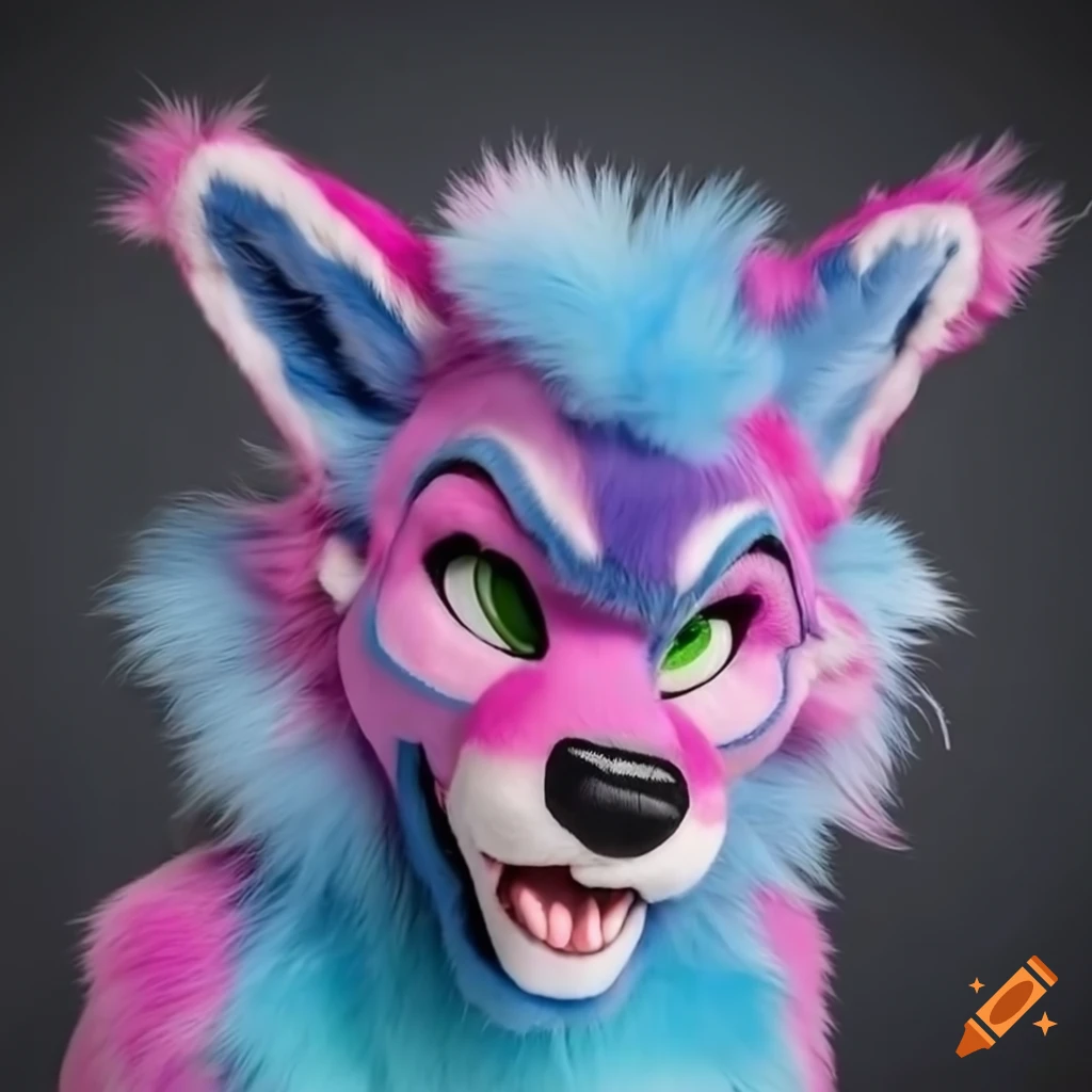 Cartoon blue and pink werewolf with hair in pigtails on Craiyon