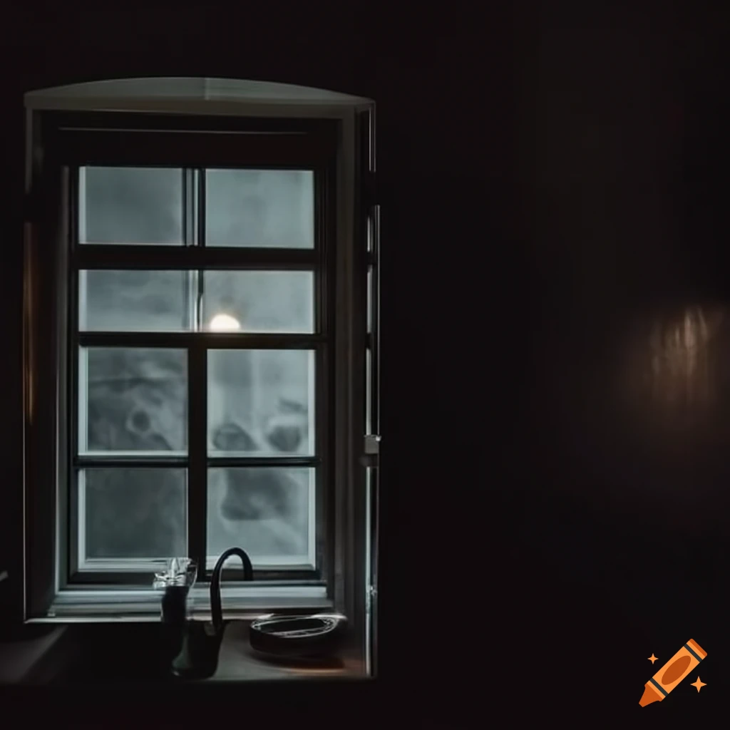 Modern kitchen with a night time view from the window on Craiyon