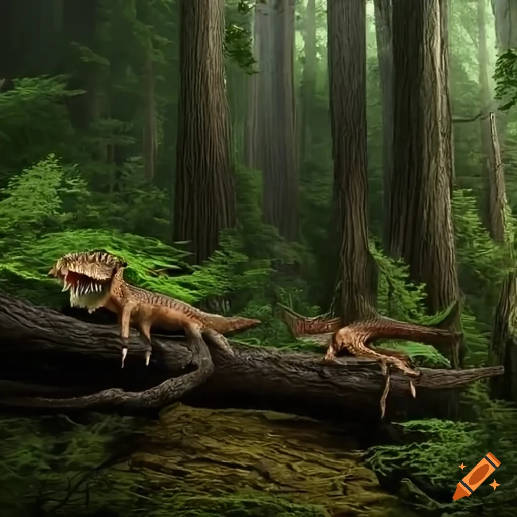 Pachycephalosaurus jumping over fallen tree in a cedar forest on Craiyon