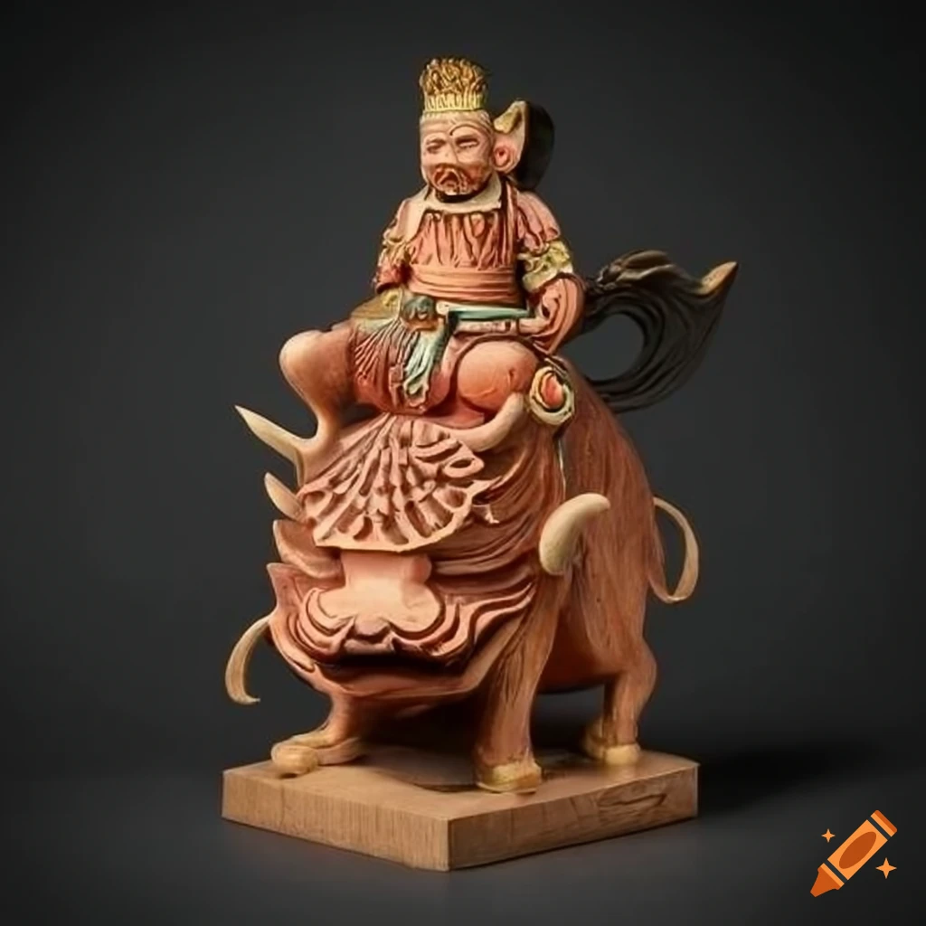 Japanese god riding a boar wooden sculpture on Craiyon
