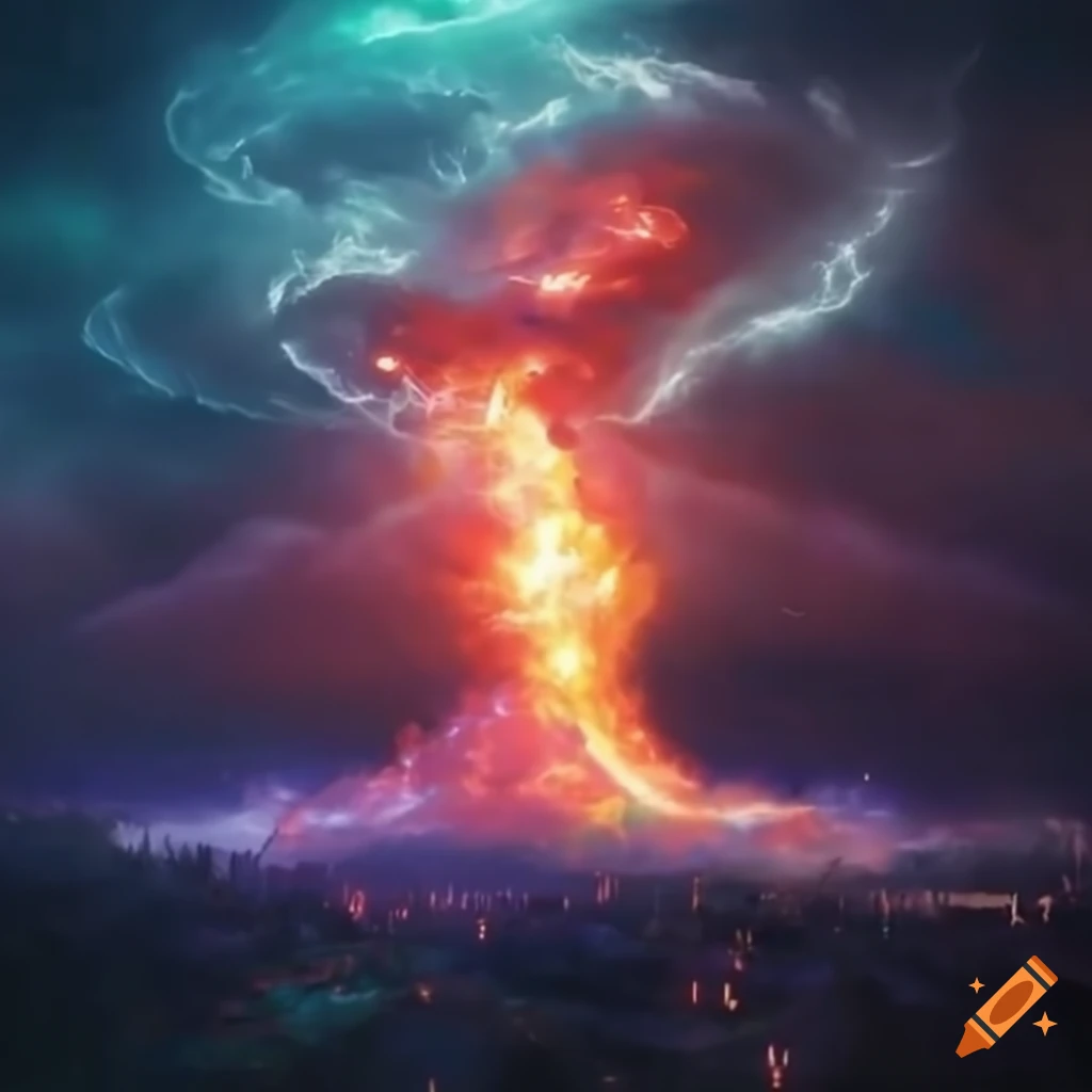 Dazzling nuclear explosion of lightning in a fantasy village on Craiyon