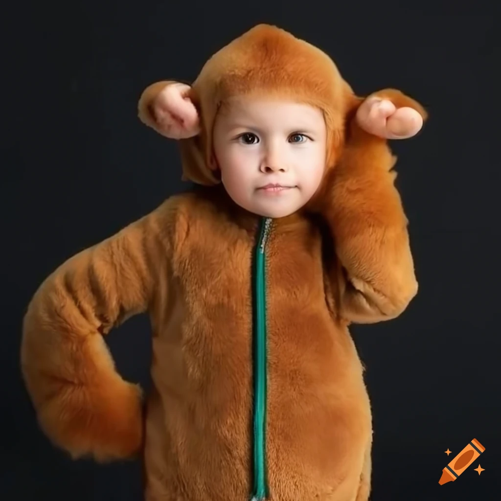 Child in caramel brown monkey plush costume with zip and white oval on ...