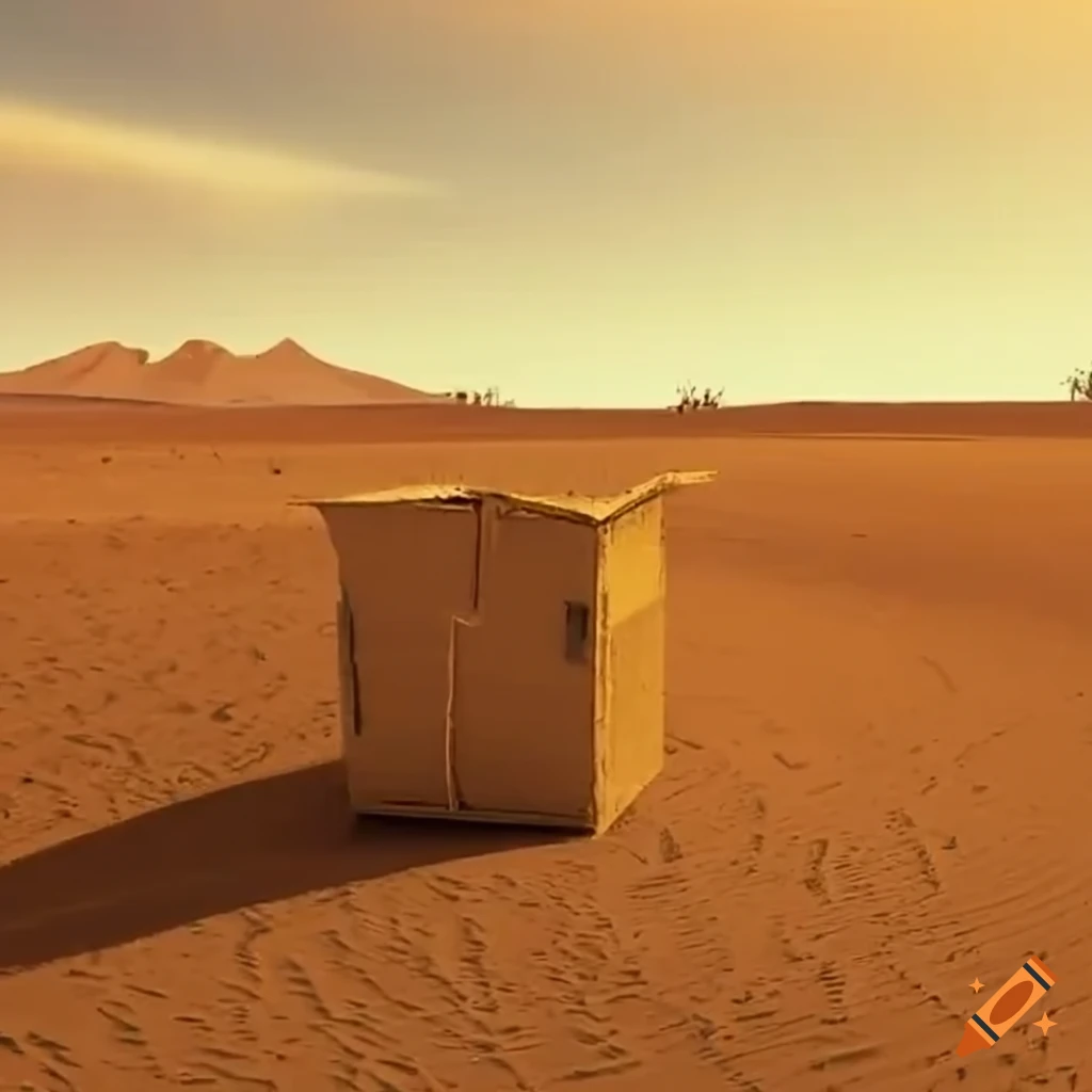 Surreal cardboard box in the middle of a desert road on Craiyon
