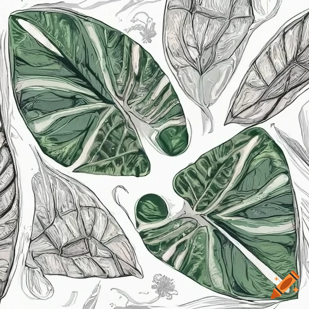 Artistic pencil drawing of elegant Alocasia plant foliage on Craiyon