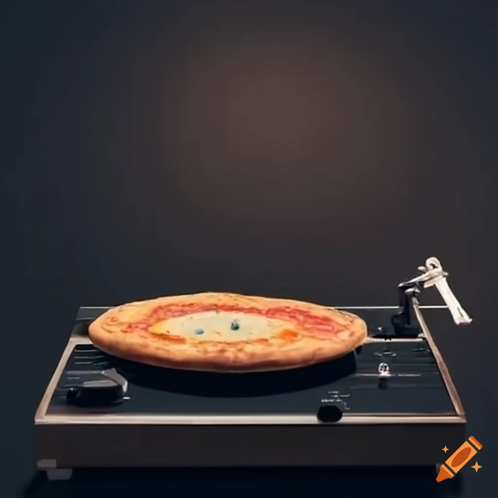 Vintage record player with a pizza as the record on Craiyon