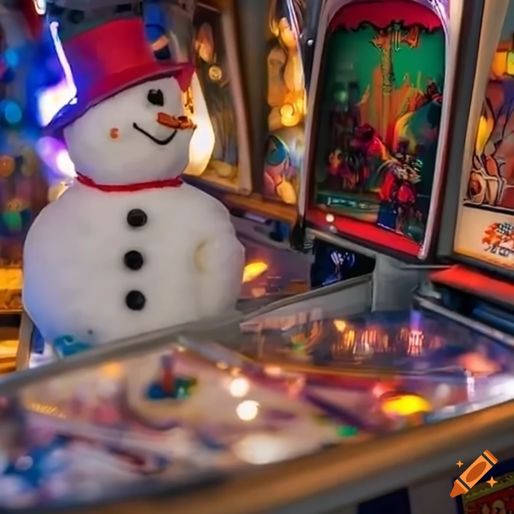 Snowman playing pinball in the arcade on Craiyon