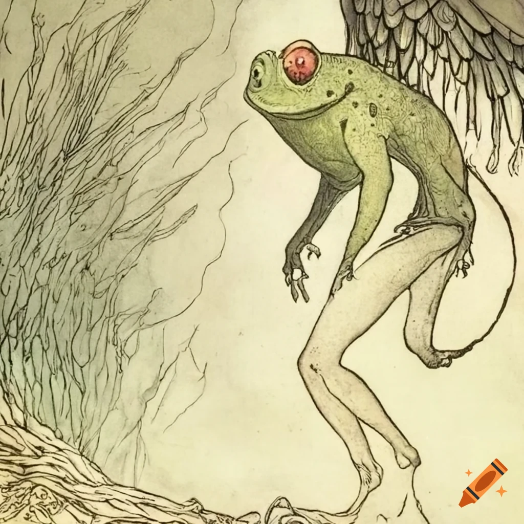 Colorful illustration of a winged frog in Arthur Rackham and Moebius style on Craiyon