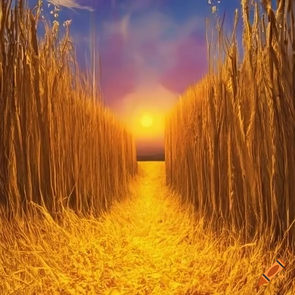 Path through grain fields leading to a tree under the rising sun on Craiyon