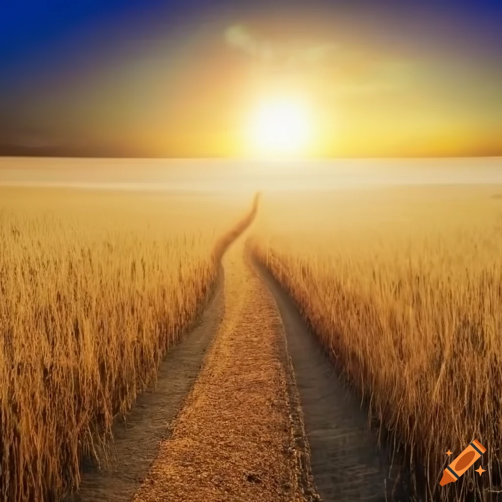 Path through fields of grain leading to a tree with the rising sun on ...