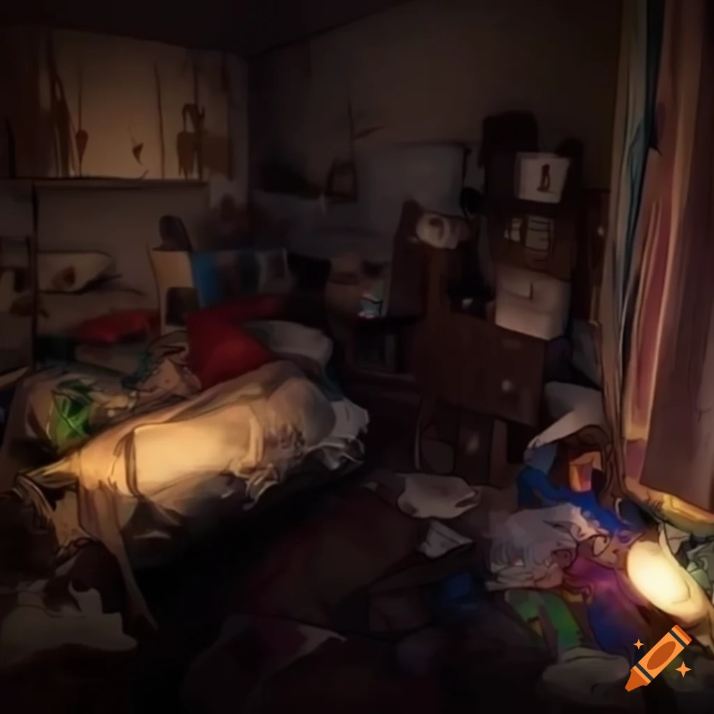 Messy bedroom at night in anime style on Craiyon